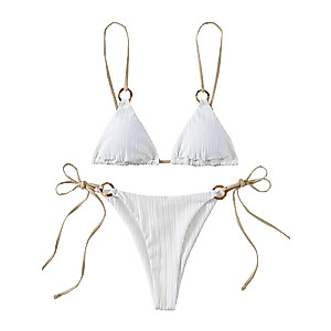 SOLY HUX Bikini Sets for Women 2 Piece Swimsuits Sexy High Cut Bathing Suit Spaghetti Strap Triangle String Bikini White Plain M