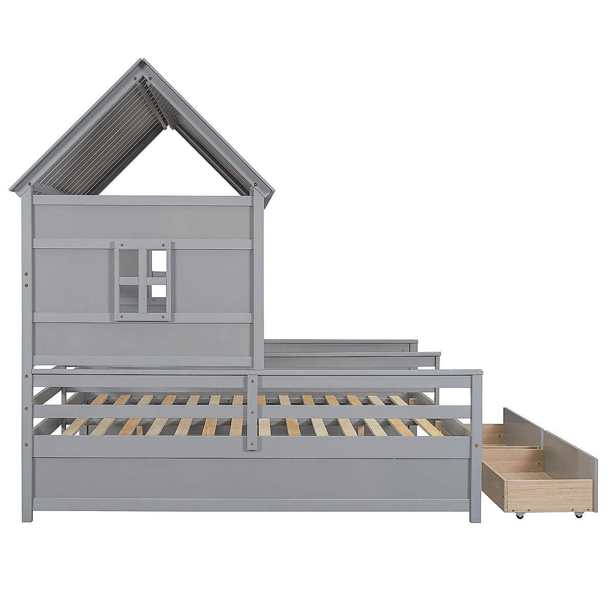 BOVZA Double Beds for 2 Kids, Twin Size House Platform Beds with Two Storage Drawers, Roof and Windows, Boy and Girl Shared Beds, Combination of 2 Side by Side Twin Size Beds, Gray