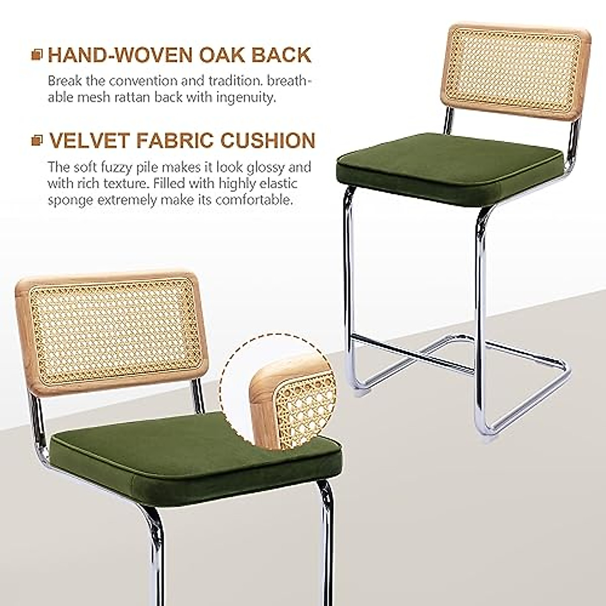 Zesthouse Modern Counter Height Stools, 24'' Natural Rattan Barstools Set of 2, Velvet Kitchen High Chairs with Backs, Mid Century Cantilevered Design Counter Chairs Island Stools, Green