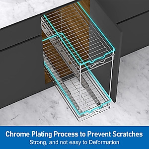 Lepatape Pull Out Cabinet Organizer Cabinet 2-Tier Pull Out Shelves Kitchen Cabinet Organizer (7" W x 21" D x 17" H) Kitchen Organization Slide Out Kitchen Cabinet Storage Shelves Chrome Finish