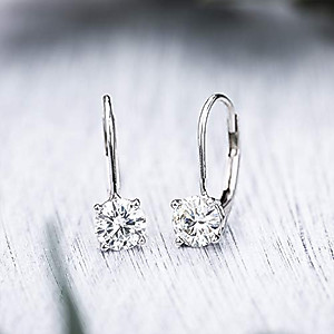 Charles & Colvard Created Moissanite 5mm Round Cut Leverback Drop Earrings for Women | 1 cttw DEW | Lab Grown | Solid 14K White Gold with Rhodium