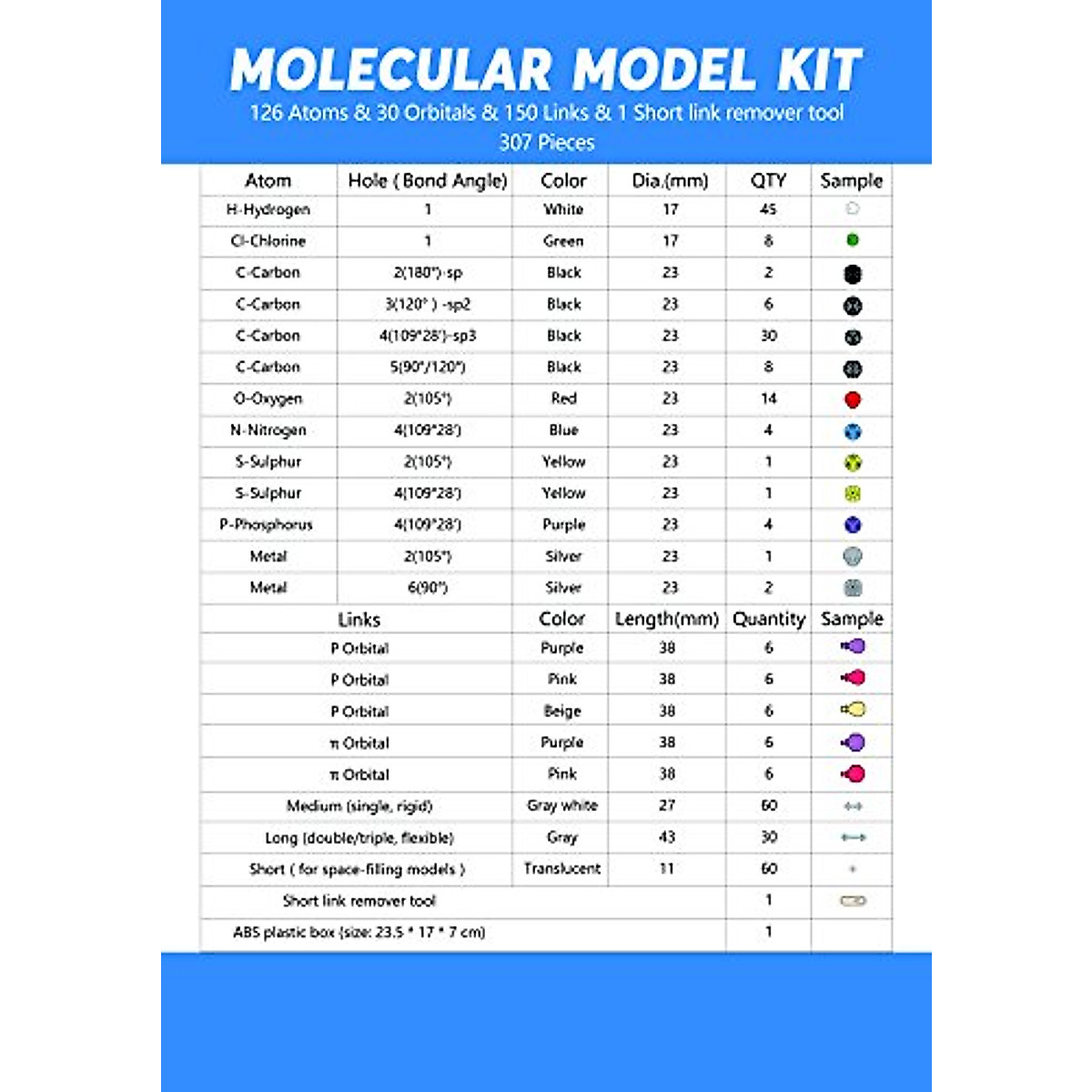 Swpeet 307 Pcs Molecular Model Kit for Organic and Inorganic Chemistry - Chemistry Molecular Model Student and Teacher Set - 126 Atoms & 30 Orbitals & 150 Links & 1 Short Link Remover Tool