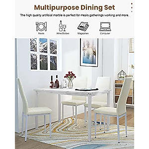 Recaceik Furniture 5 Piece Faux Dining Set, Modern Kitchen Table Marble Top and High Chairs for Breakfast Nook Small Spaces Beige