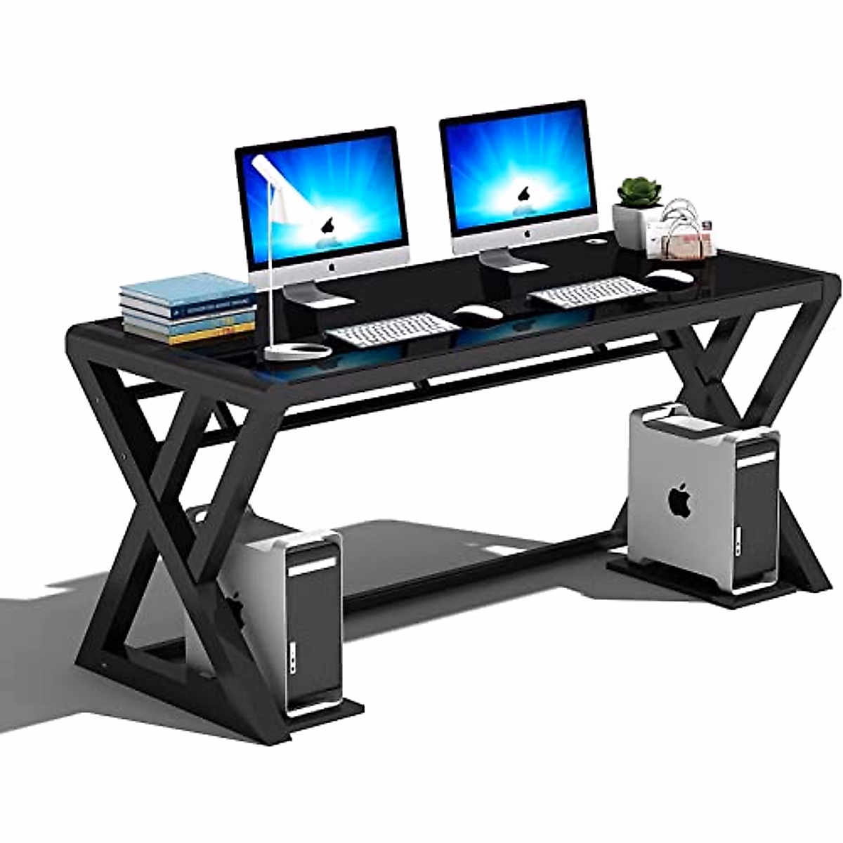 SAMERY Computer Desk & Gaming Desk, Home Office Desks 55.1 Inch- Modern Simple Writing Study Glass Computer Desk Home Office Desks Space-Saving Multipurpose Workstation with Metal Frame