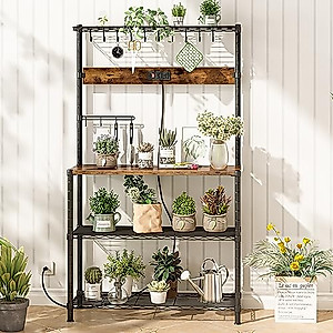 SUPERJARE Bakers Rack with Power Outlets - Height Adjustable Microwave Stand, 4-tier Kitchen Storage Rack with 10 S-shaped Hooks, 360° Hanging Strip, Coffee Bar Station - Rustic Brown