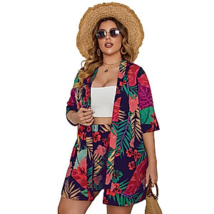 Floerns Women's Plus Size 2 Piece Outfit Tropical Print Kimono Top and Shorts Set Navy Blue 3XL
