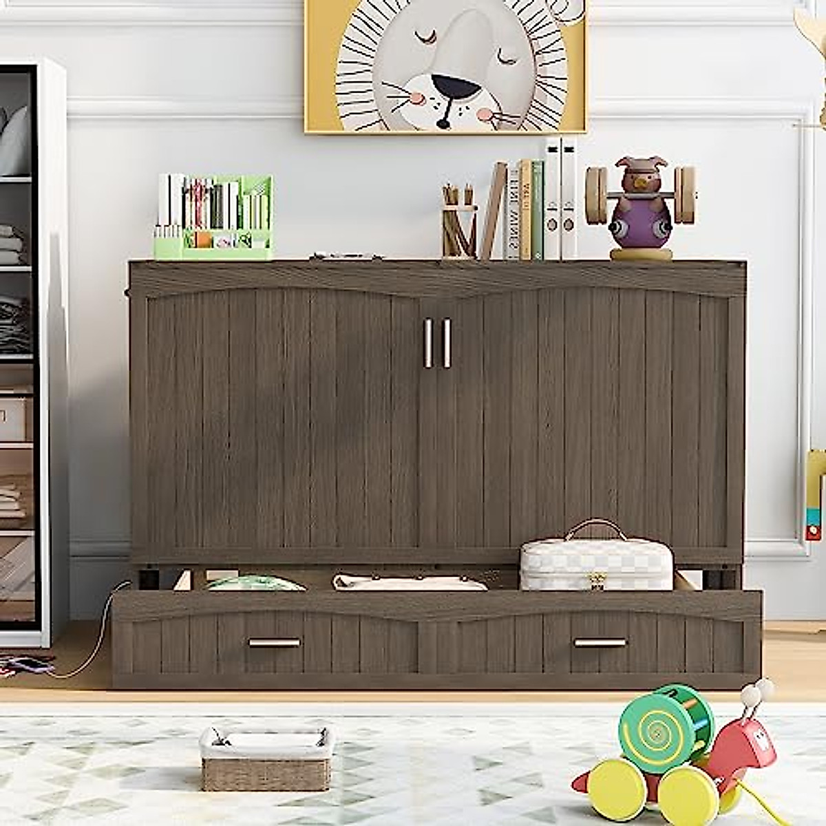 DEYOBED Wooden Queen Size Murphy Bed Frame, Folding Sofa Beds with Bilt-in Charging Station and Large Drawer, Space Saving, Antique Gray