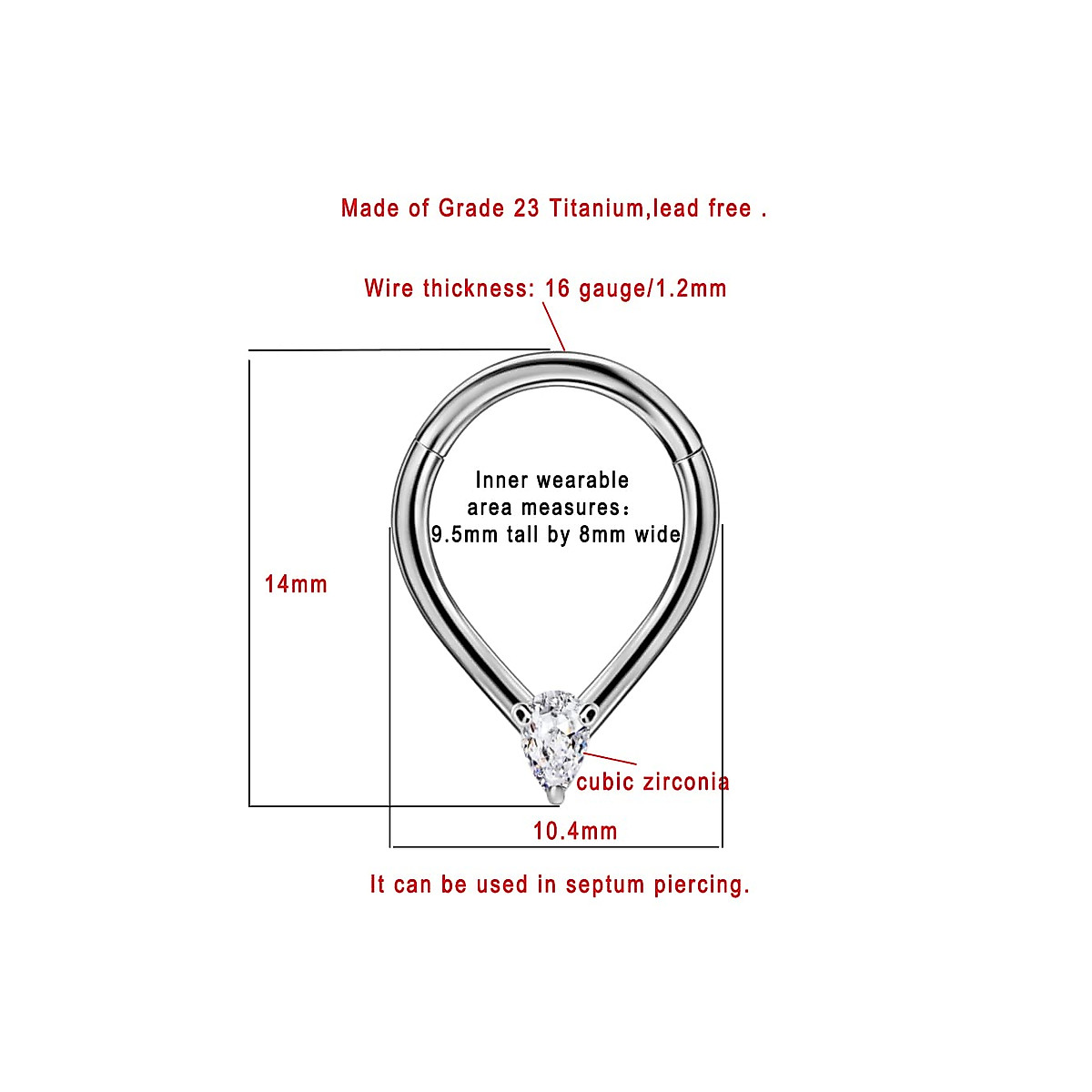 FANSING Titanium Septum Rings for Women 16 Gauge Septum Clicker Clear Cubic Zirconia Septum Piercing Rings 16g Septum Jewelry 8mm Teardrop Septum Ring Hoop