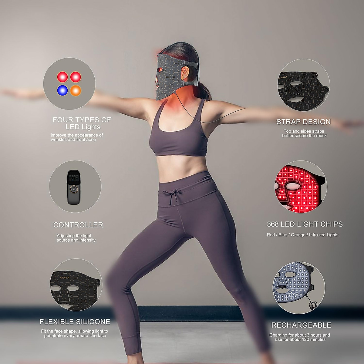 Avorla Beauty LED mask - Infrared light therapy led facial light Photons Facial Skin Care Wrinkle reduce anti-acne facial light