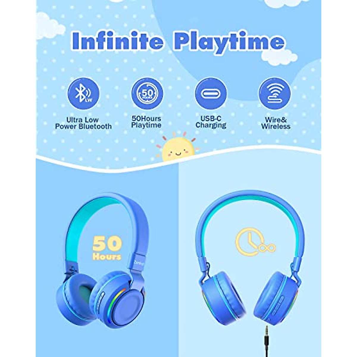 ZAMKOL Kids Bluetooth Headphones, Kids Wireless Headphones with MIC, 50H Play Time, Colorful LED Lights, 85/94db Volume Limited, Bluetooth 5.0, Foldable, Over Ear Headphones for School Travel iPad