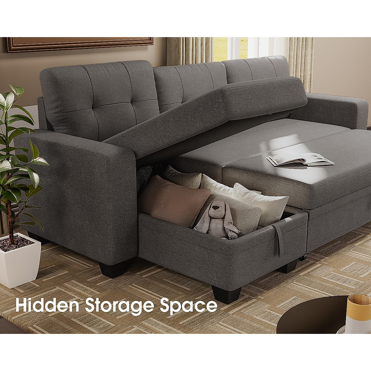 Flamaker Sleeper Sofa, Sofa Bed with Storage Chaise, L Shaped Pull Out Couch for Living Room, Home Furniture, Apartment (Dark Grey)