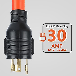 boeemi 30 Amp RV Generator Adapter- 14 Inch 3 Prong L5-30P Twist Lock Male Plug to TT-30R Female, STW 10/3 RV Plug Adapter Cord for Generator