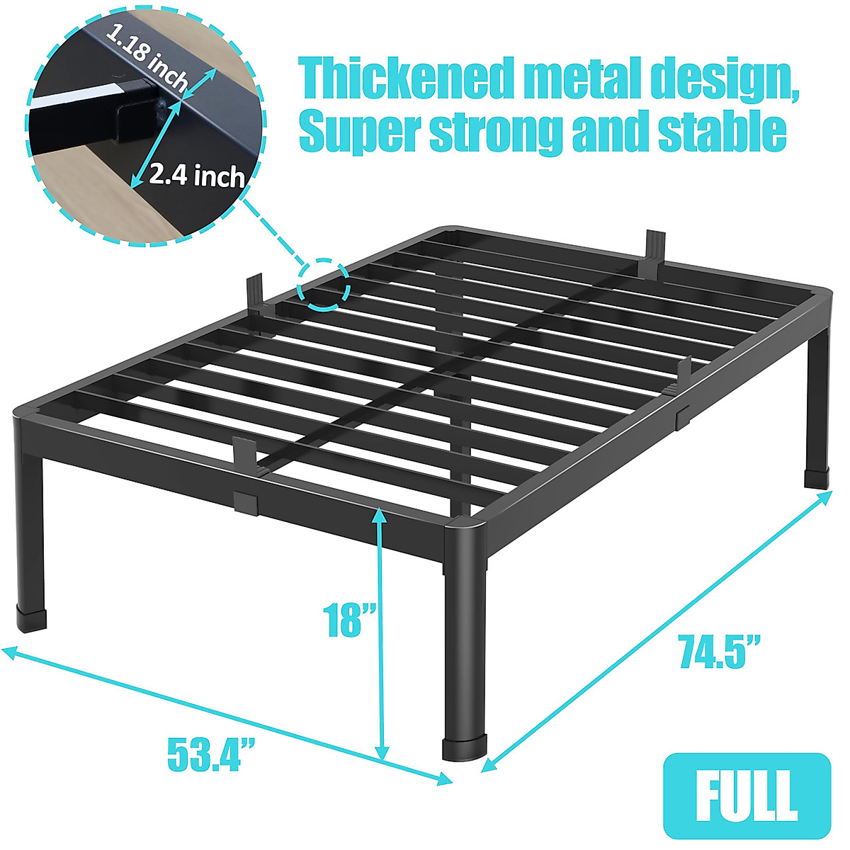 Firpeesy 18 Inch Full Size Bed Frame Metal with Sturdy Steel Round Corner Leg, 3500 lbs Heavy Duty Metal Full Platform Bed with Steel Slats Support，Black Full Bedframe，No Box Spring Needed