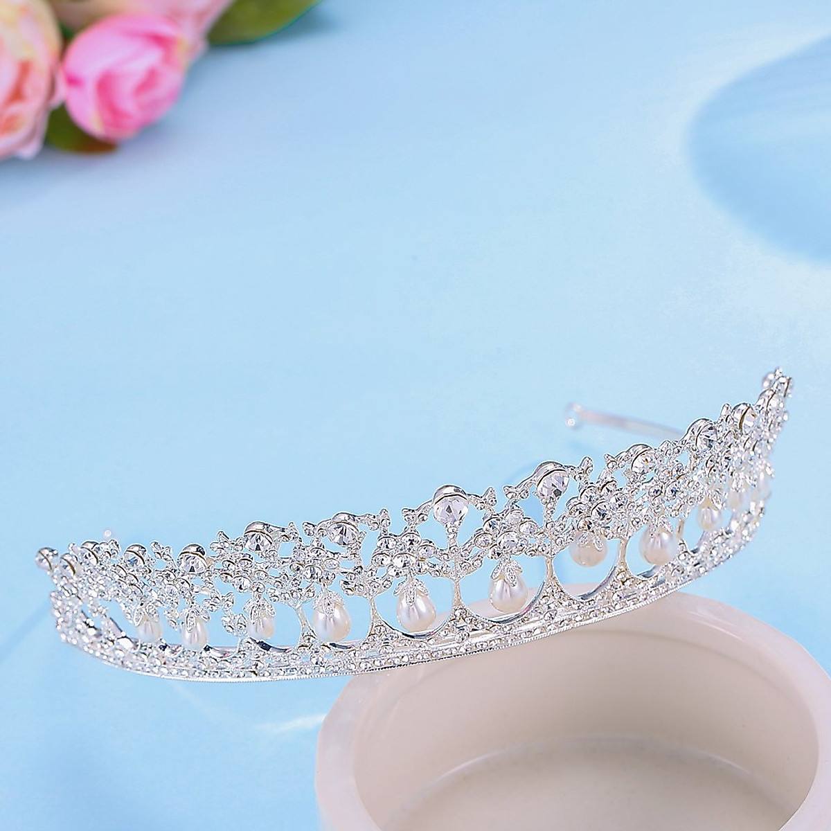 SSNUOY Pearl Princess Crowns Wedding Tiara for Women Silver Rhinestone Crown Bridal Princess Hair Accessories