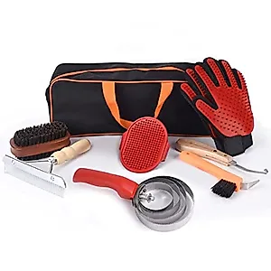 Horse Grooming Kit Blue Tote - 9pcs Horse Care Kit with Multi-Function Brushes & Curry Combs, Sweat Scraper, Hoof Pick, Hoof Knife for Horse Kit Horse Cleaning Tool Set Equine Grooming Portable