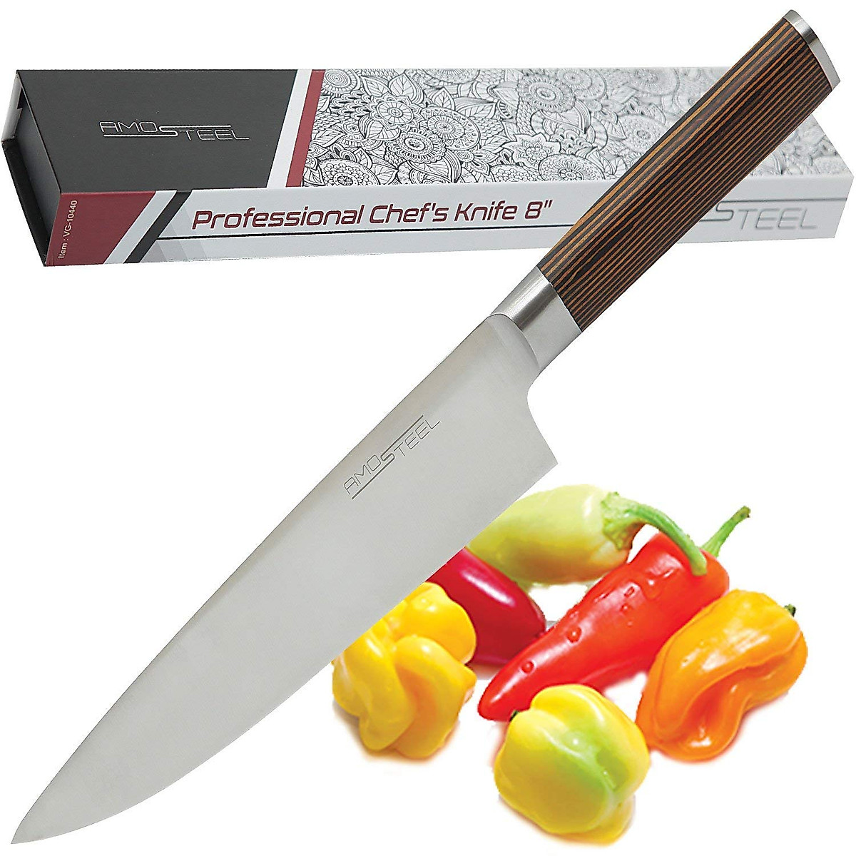 Premium Chef Knife Japanese Style 8 Inch - Multipurpose Balanced Ultra Sharp Professional Carbon Stainless Steel GERMAN Blade Ergonomic Wood Handle Wasabi Knife Set + Magnetic Holder by Amosteel