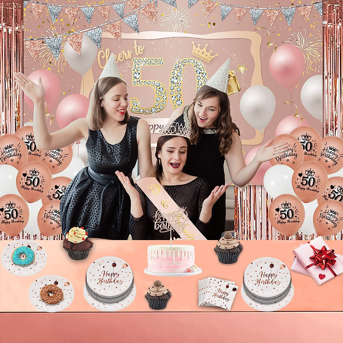 50th Birthday Decorations for Women,90 PCS Rose Gold 50th and Fabulous Birthday Decorations,Including Happy 50th Birthday Banner Backdrop,Crown,Hanging Swirl, birthday Balloons, Foil Backdrops,Cake Toppers, Plates, Photo Props, Birthday Sash,50th Birthday