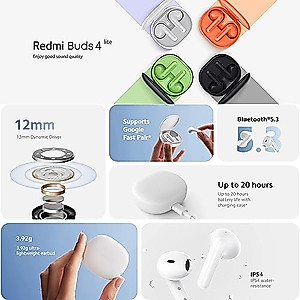 Xiaomi Redmi Buds 4 Lite TWS Wireless Earbuds, Bluetooth 5.3 Low-Latency Game Headset with AI Call Noise Cancelling, IP54 Waterproof, 20H Playtime, Lightweight Comfort Fit Headphones, White