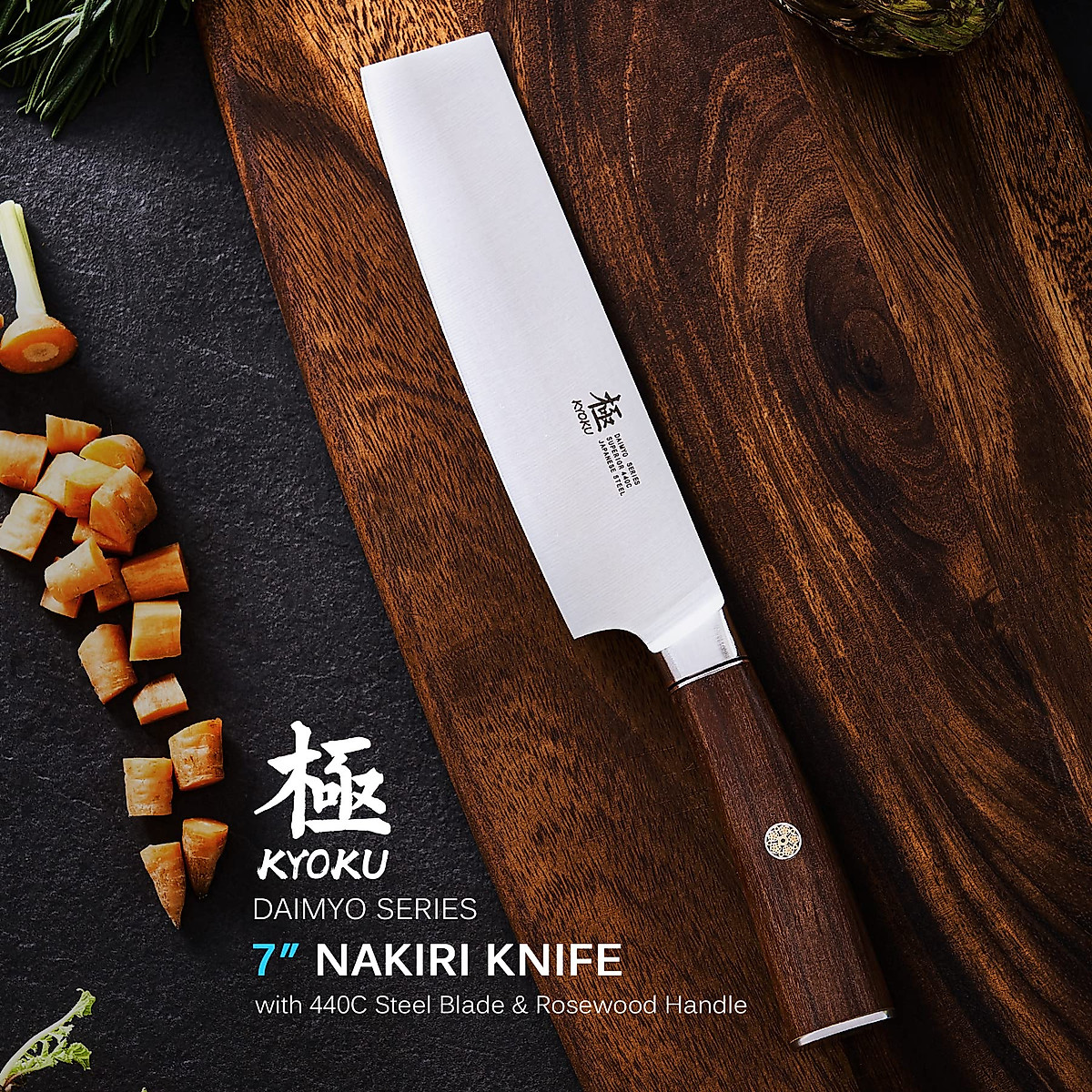 KYOKU Daimyo Series 8" Carving Knife + 5'' Utility Knife + 7'' Nakiri Knife - Japanese 440C Stainless Steel - Rosewood Handle