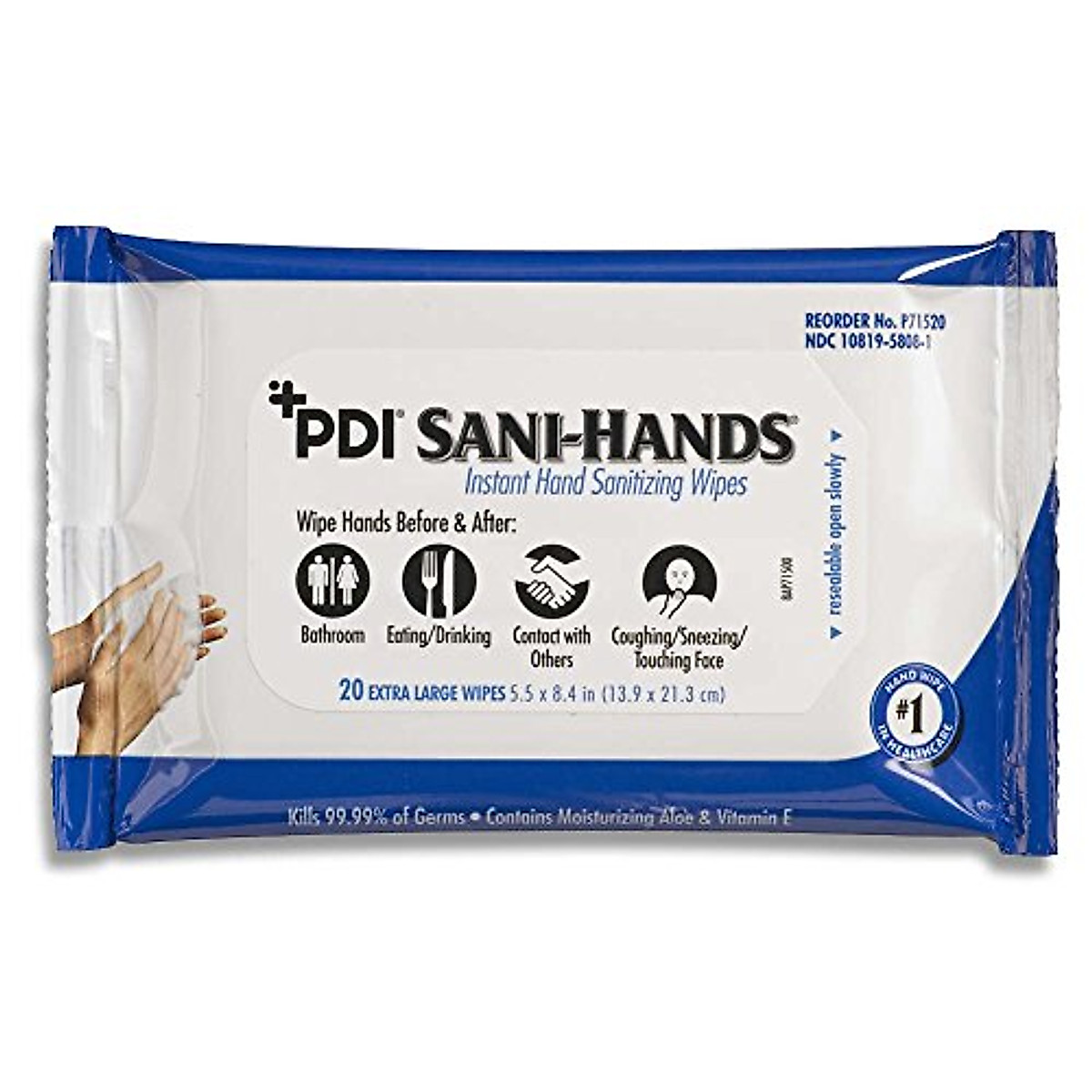 PDI Healthcare P71520 Sani-Hands Instant Hand Sanitizing Wipes, 5.5" x 8.4" Size (Pack of 960)