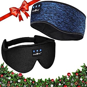 MUSICOZY Sleep Headphones Bluetooth Wireless Sports Headband, Sleeping Eye Mask Earbud for Side Sleepers Air Travel Meditation, Black Mask & Gray Headband, Pack of 2