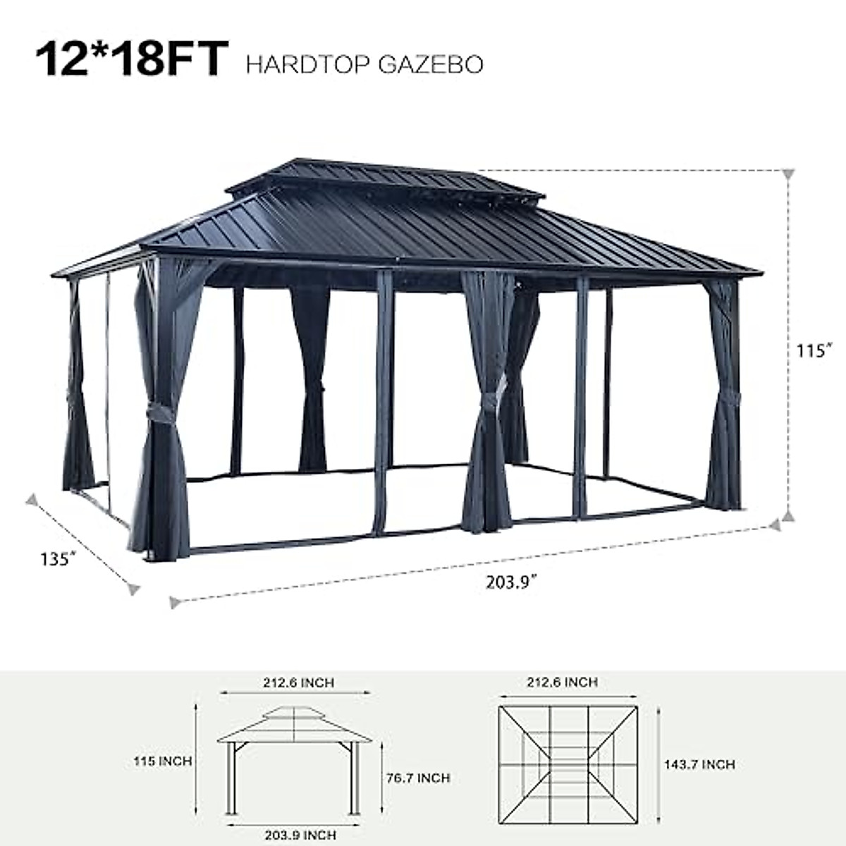 Goohome 12 x 18FT Hardtop Gazebo, Aluminum Frame Double Roof Canopy with Mosquito Net and Curtains, Outdoor Permanent Hard Top Waterproof Pergola for Shade and Rain for Lawn, Backyard, Patio