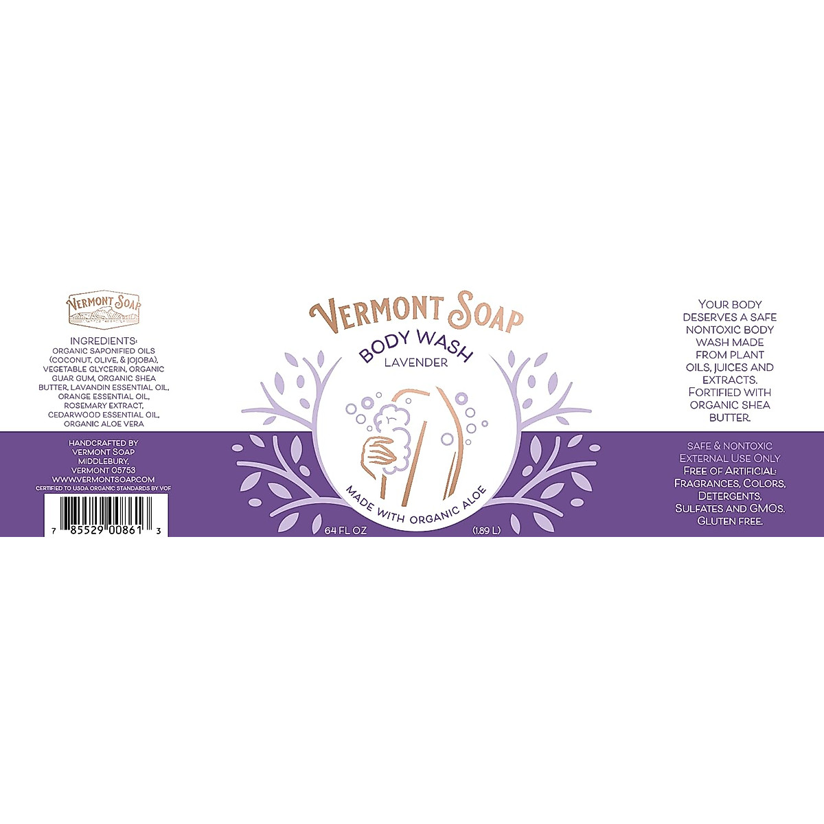VERMONT SOAP Natural Body Wash with Shea Butter, Mild Gel Body Wash for Moisturizing and Soothing Skin, Fragrance Free Body Wash for Women & Men (Lavender, 64oz)