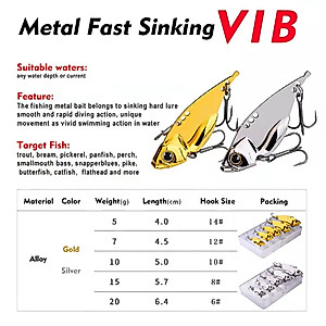 5 Pack Metal Blade Baits for Bass Fishing Lures Hard Metal VIB Fishing Spoons Crankbaits Swimbaits for Trout Walleye Crappie Saltwater Blade Bait Fishing (Gold Blade Baits_5pcs/Box)