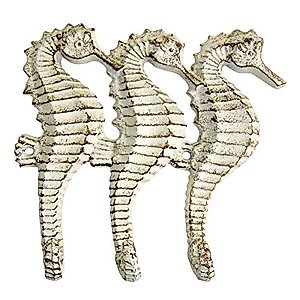 Large Rustic White Cast Iron Sea Horse Wall Hooks, 8 3/4 Inch