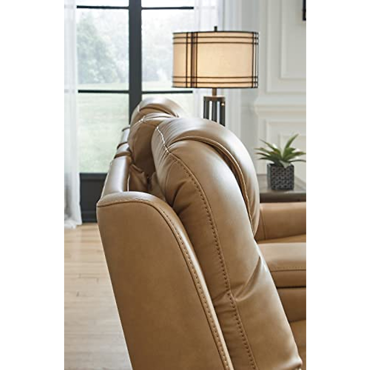 Signature Design by Ashley Card Player Contemporary Faux Leather Tufted Power Reclining Loveseat with Control and Adjustable Headrest, Light Brown