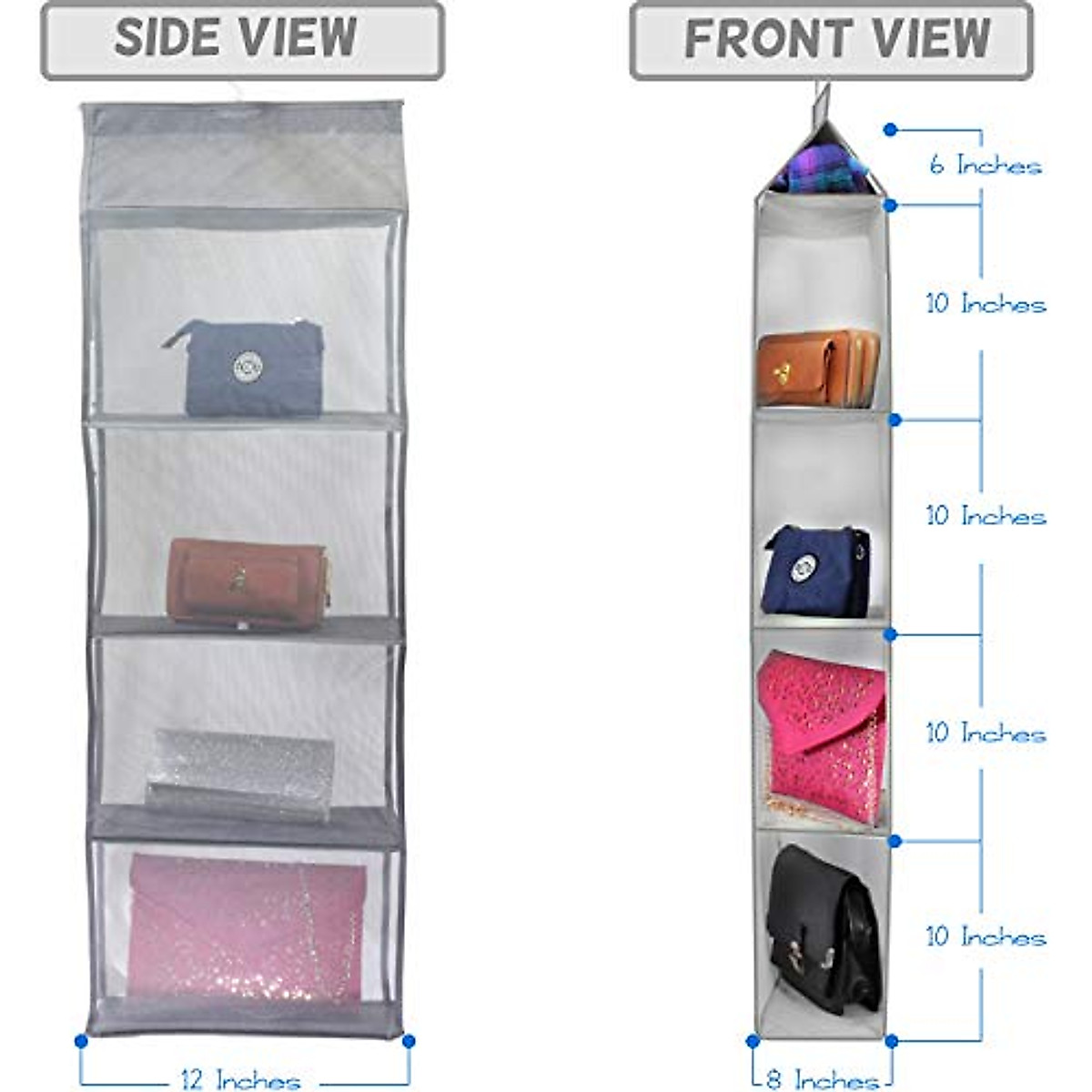 MIGHTY TIDY HOME New and Improved XL Size Hanging Handbag Purse Organizer for Closet | 2 Pack, 10 Shelves Total | Space Saving Hand Bag Storage Holder for Wardrobe Closet (Grey)