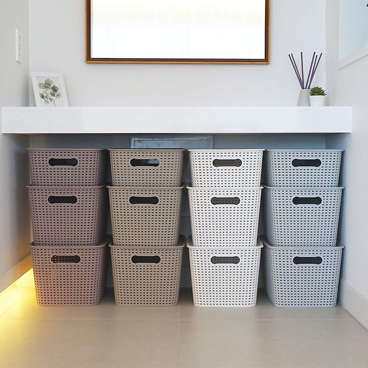 OLLIC Plastic Bins Large Storage with Lids | Korean Organizer Bin Basket Set for Organizing Baskets in Closet and Home (WHITE, LARGE_4PK)
