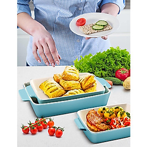 3Piece Casserole Dish Ceramic Baking Dish Rectangular Baking Dishes for Oven Ceramic Bakeware with Handles Durable Nonstick Large Lasagna Pan for Cooking, Baking, 10'' x 7'', Gradient SkyBlue