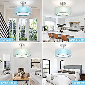 DLLT 3-Light Semi Flush Mount Ceiling Light Fixture, 15'' Blue Drum Light Ceiling Hanging with Double Fabric Shade, Modern Close to Ceiling Lamp for Living Room Bedroom Kitchen Dining Room Entry Foyer