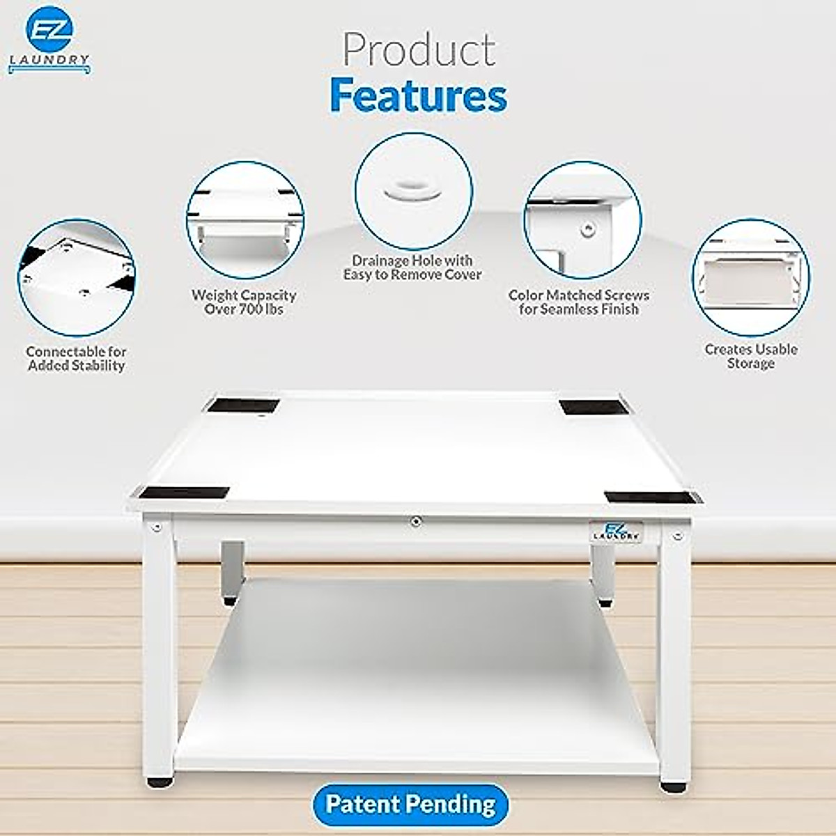EZ Laundry | Upgraded 28” Universal Pedestal – 700lbs Capacity, Raises 16” with Built-in Drain Pan + Hose, Adjustable Feet, Anti-Vibration & Storage Shelf fits 27" or 28" Washer & Dryer (White)
