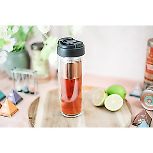 Teabloom Travel Tea Infusing Cup – Insulated Borosilicate Glass Bottle with Magnetic Controlled Infuser and Flip Lid for Hot Tea, Cold-brew Coffee, Fruit Water – The Innovator Tumbler (15oz/450ml)