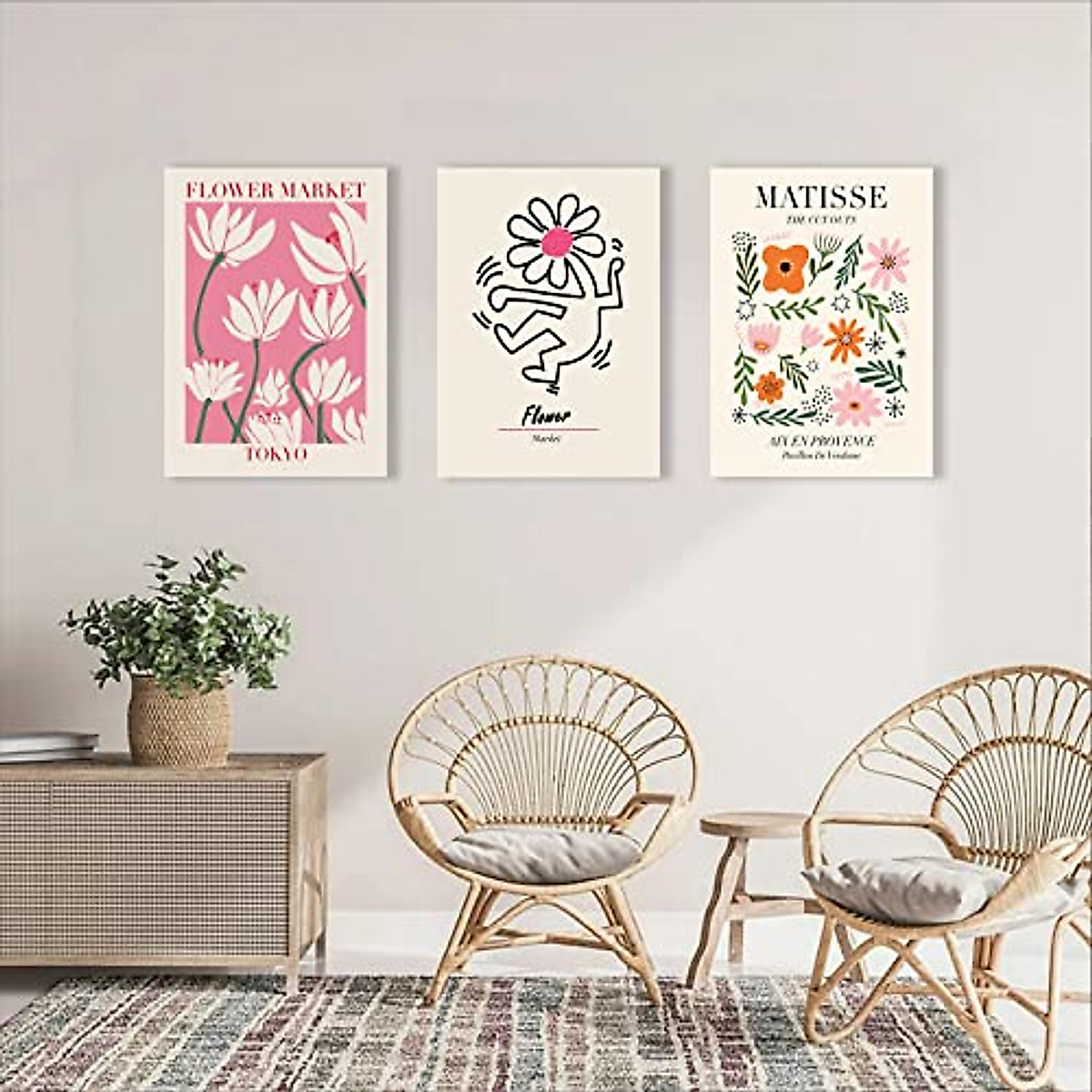Matisse Wall Art Set of 3, Abstract Matisse Wall Art Exhibition Posters, Pink Beige Flower Market Posters, Minimalist Framed Flower Market Wall Art, Canvas Matisse Prints Painting for Aesthetic Room, Bedroom, Living Room Wall Decor（12x16inch)