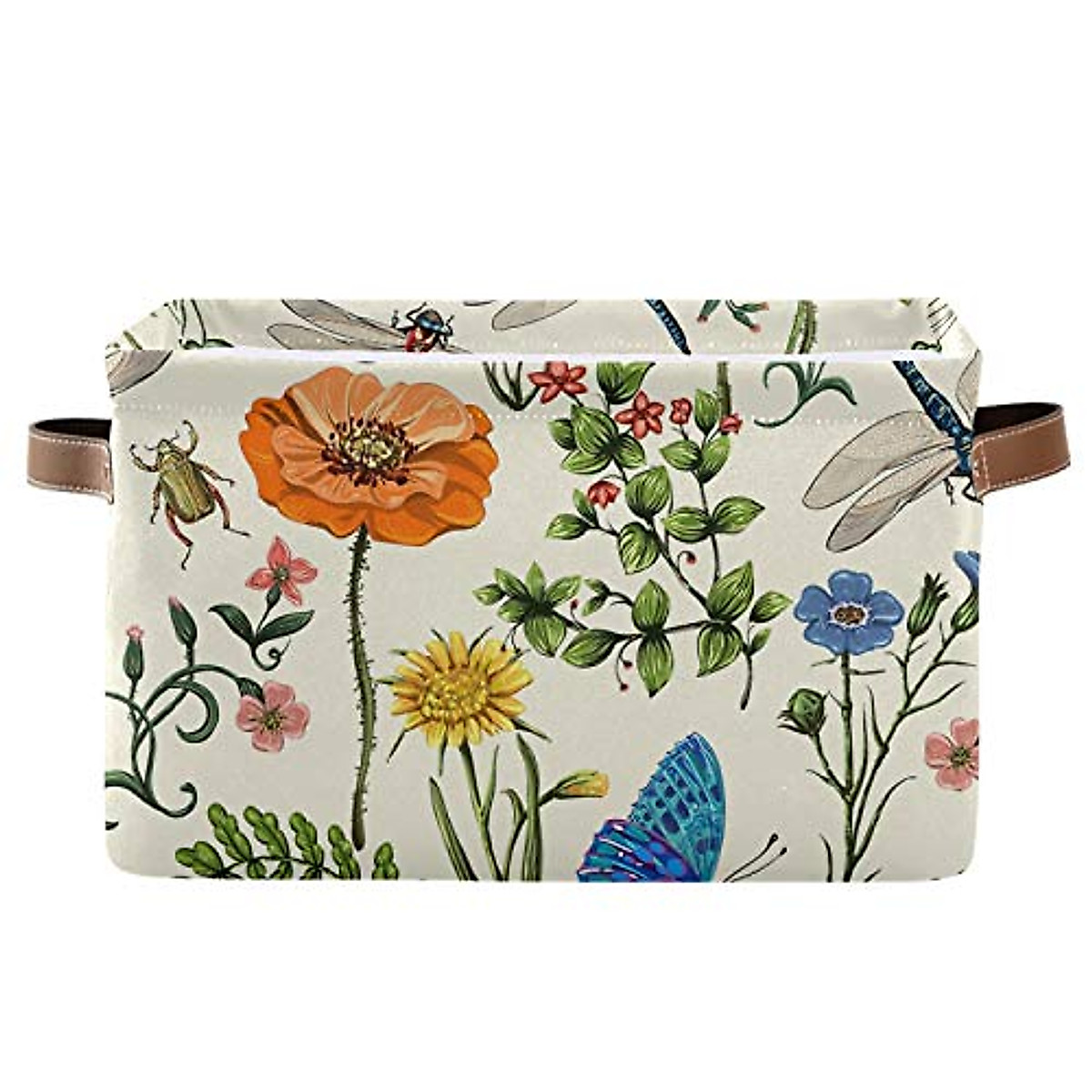 susiyo Large Foldable Storage Bin Beautiful Floral Fabric Storage Baskets Collapsible Decorative Baskets Organizing Basket Bin with PU Handles for Shelves Home Closet Bedroom Living Room-1Pack