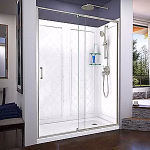 DreamLine Flex 34 in. D x 60 in. W x 76 3/4 in. H Semi-Frameless Shower Door in Brushed Nickel with Right Drain Base and Backwalls, DL-6229R-04