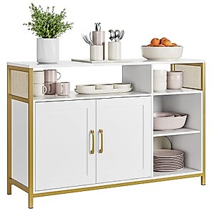 HITHOS Sideboard Buffet Cabinet, Gold Storage Cabinet with Doors and Adjustable Shelves, Modern Coffee Bar Cabinet Accent Cabinet for Kitchen, Dining Room, Living Room, Entryway, Gold/White