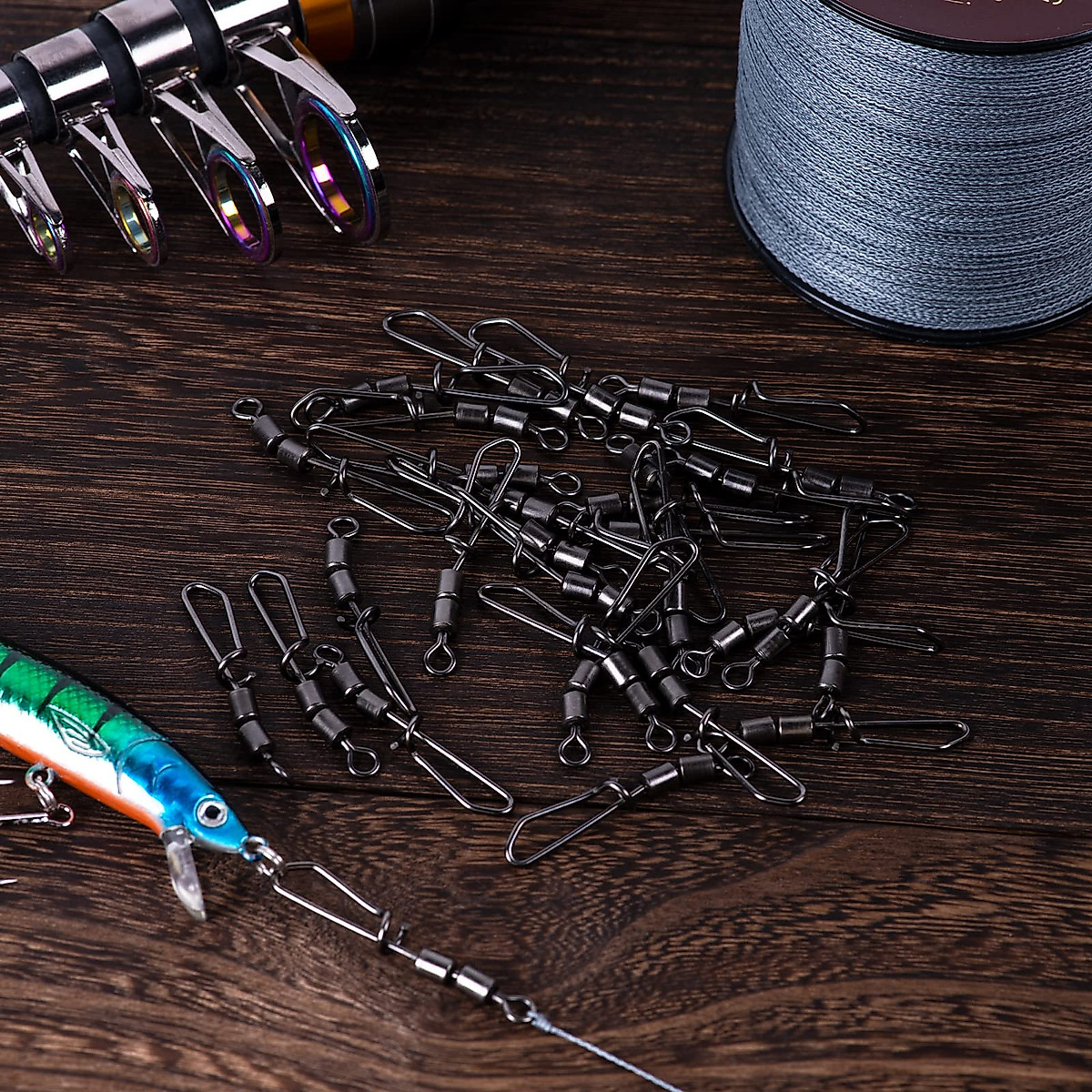 Lilistar 30/20pcs High Speed 2 Roller Swivels Rolling Ball Bearing Snap Swivels Stainless Steel Fishing Swivels with T-Shape Snap Fishing Tackle Kit Fishing Accessories