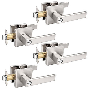 Probrico 4 Pack Square Door Levers Door Locks, Keyless Privacy Handles Locksets Interior Bed and Bath Hardware in Satin Nickel,Heavy Duty Hardware