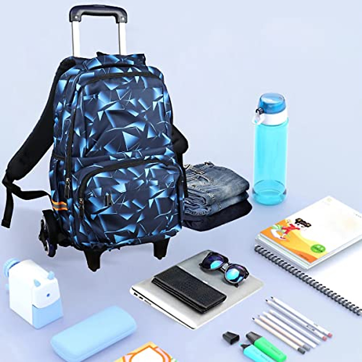 VILINKOU Rolling Backpack with Wheels Trolley Bag Wheeled Backpack for Boy and Girl, Backpack on Wheels for School, Travel (Blue Geometry)