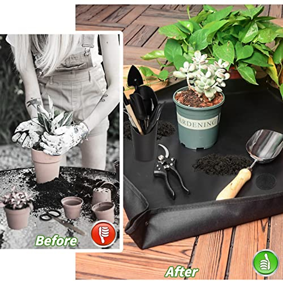 FLMOUTN Foldable Plant Repotting Mat, Gardening Mat with 13Pcs Mini Garden Tools Set and 30Pcs Pot Hole Mesh Pads, Succulent Tool Set for Indoor Miniature Fairy Garden Plant Care