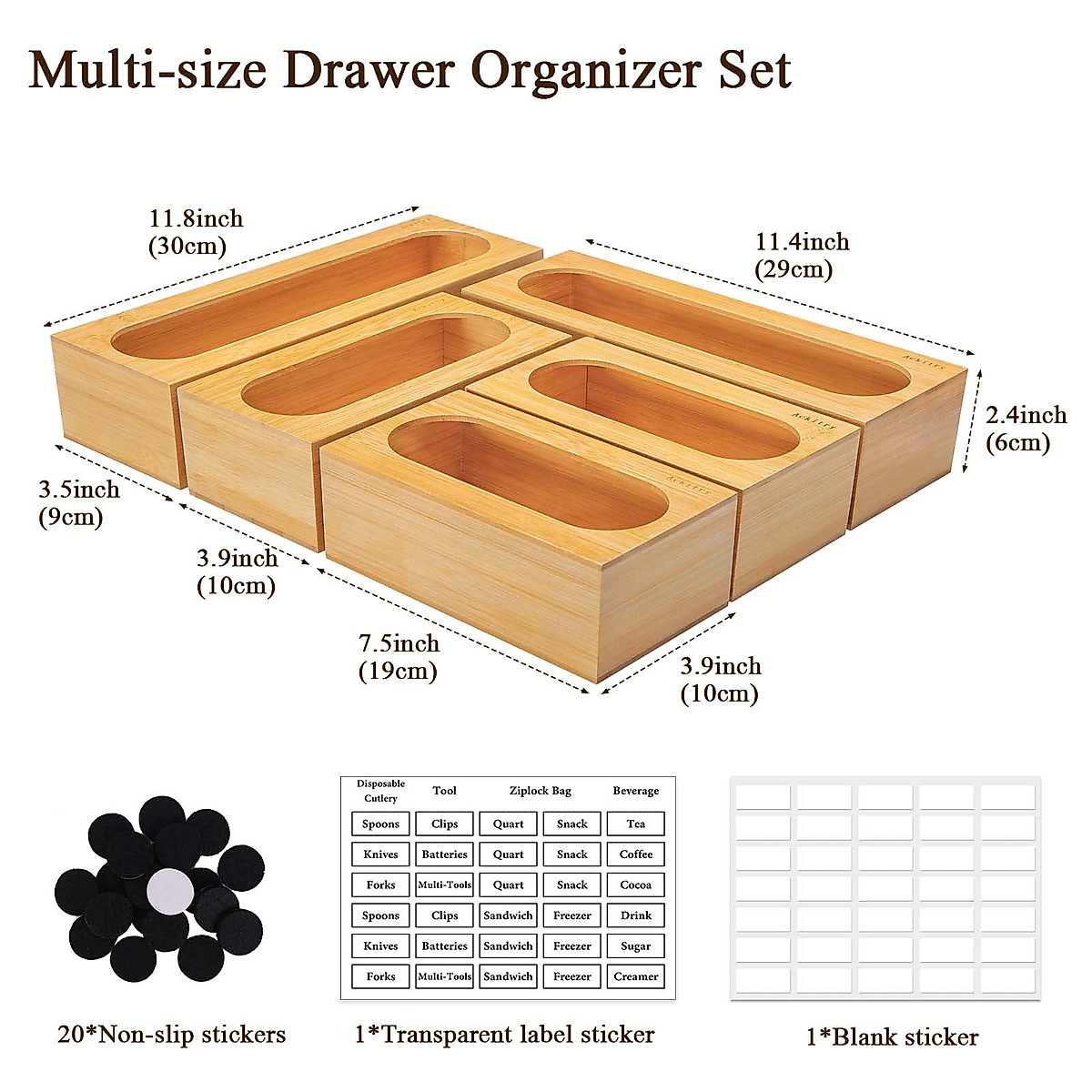 Ackitry Ziplock Bag Storage Organizer for Kitchen Drawer, 5 Pc Bamboo Premium Food Storage Bag Organizer Holders and Dispenser Compatible with Gallon, Quart, Sandwich, Snack, Candy Variety Size Bags