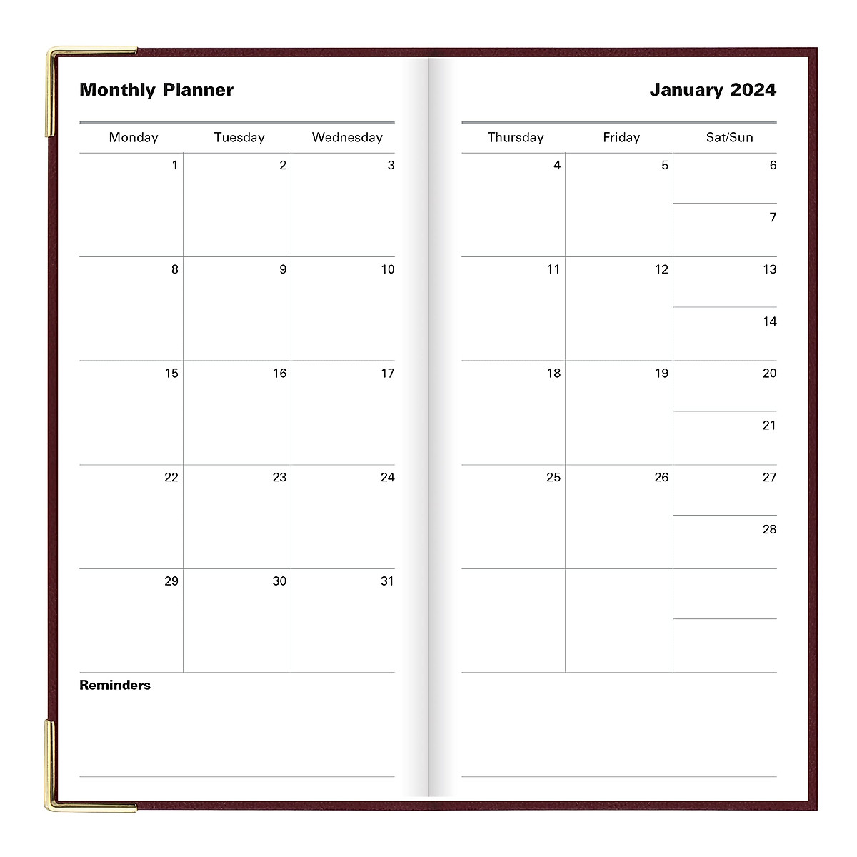 Letts of London Classic Weekly/Monthly Planner, 12 Months, January to December, 2024, Gold Corners, Vertical, Slim Size, 6.625" x 3.25", Burgundy (C32SUBY-24)