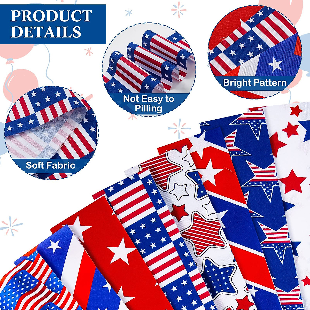 60 Pcs Cotton Jelly 4th of July Fabric Roll Independence Day Fabric Strips Cotton Jelly Fabric Patriotic Quilting Fabric Roll for Sewing DIY Patchwork, 12 Styles