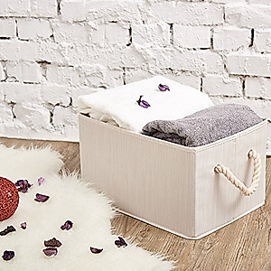 EZOWare Set of 3 Bamboo Large Fabric Storage Bins Baskets with Cotton Rope Handle, Collapsible Cube Container Box for Nursery, Kids, Closet, and More (Beige)