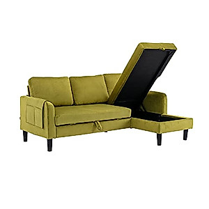 Eafurn Sectional Pull Out Bed, PU Leather Upholstered 3 Seats Sleeper Reversible Chaise Lounge w/Storage, Modern Design 72" L-Shaped Corner Sofa & Couches for Living Room, Olive