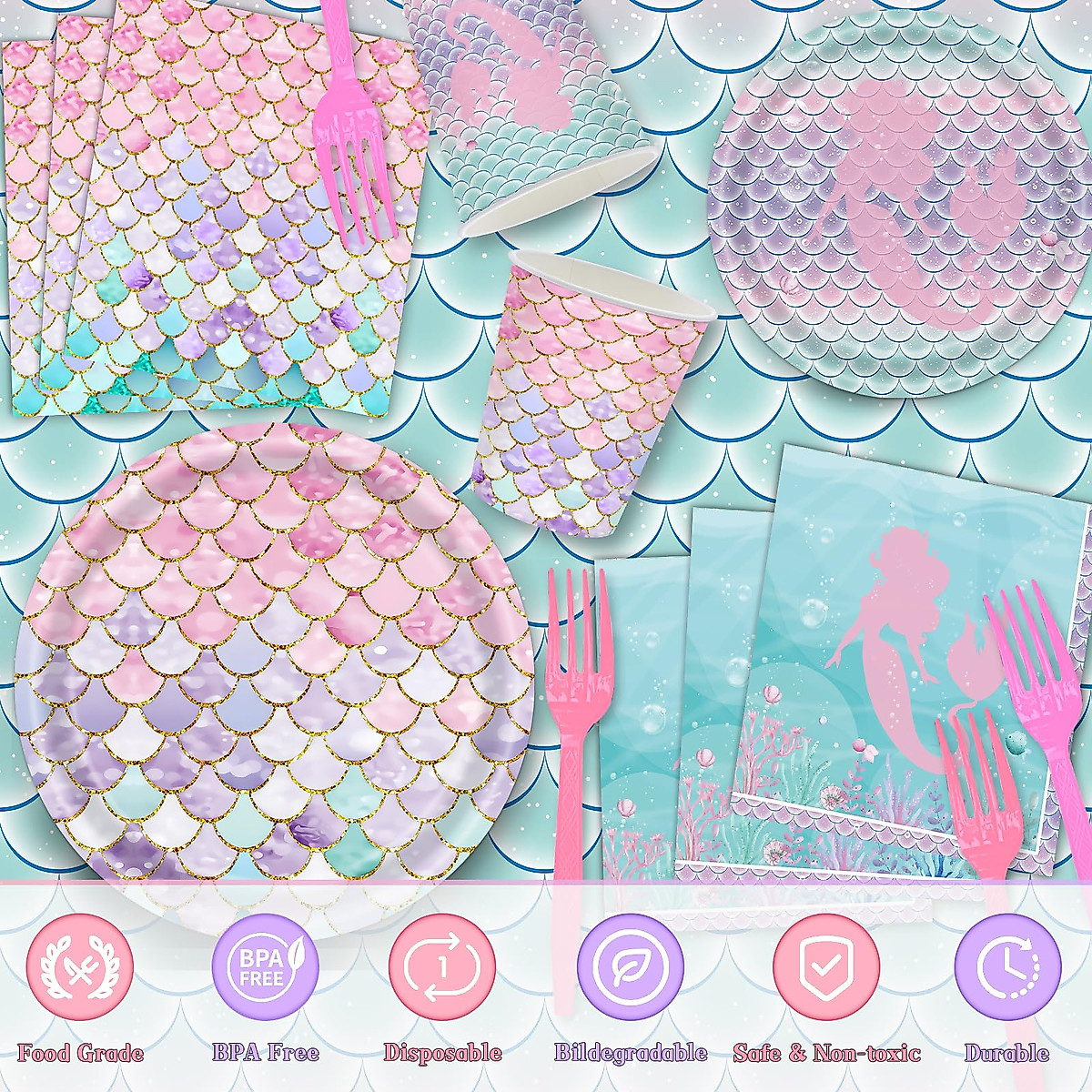 Mermaid Birthday Decorations, 147Pcs Mermaid Party Supplies-Serves 24 with Mermaid Plates and Napkins Tablecloth and Birthday Banner Balloons for Mermaid Theme Party Decorations